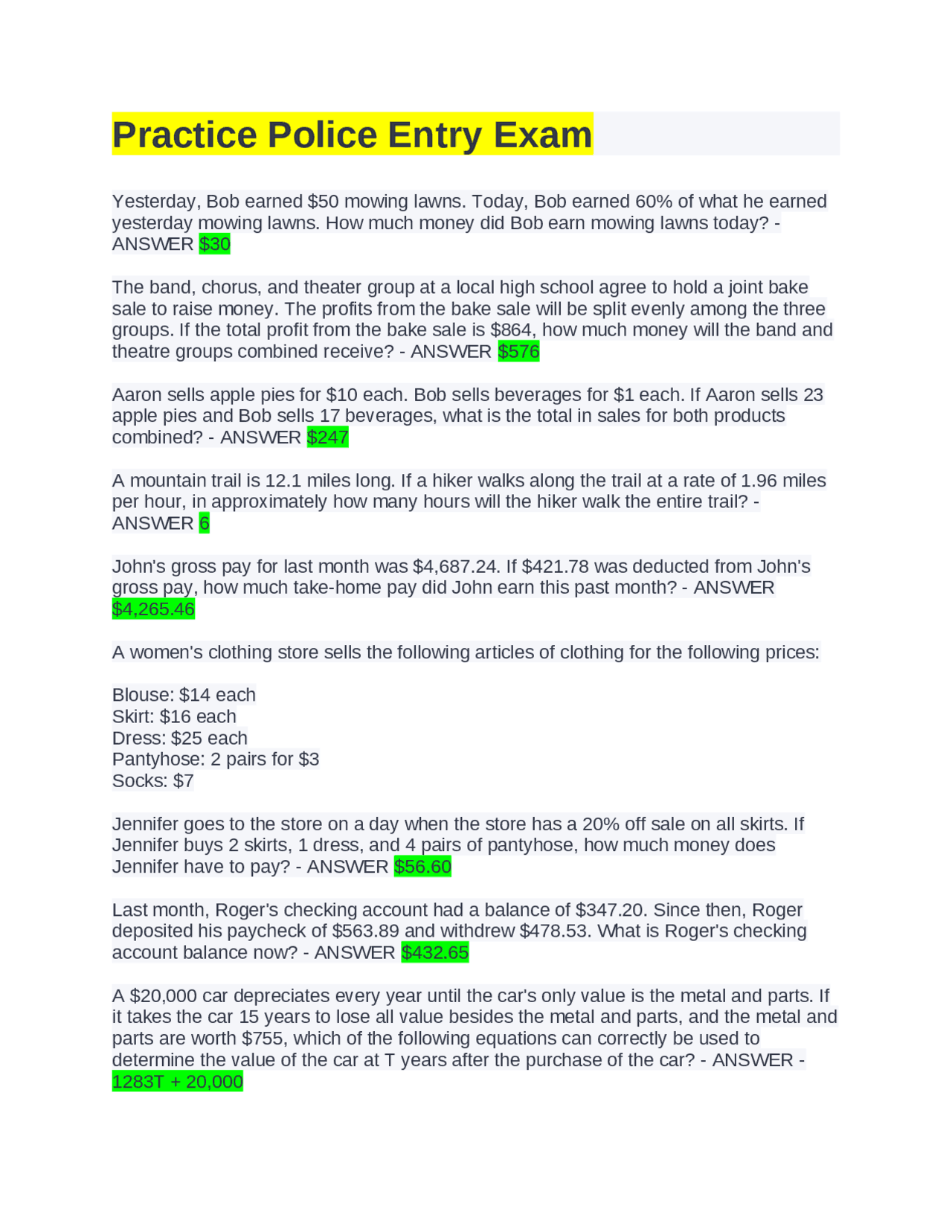 Practice Police Entry Exam LATEST UPDATE 2022 - Docsity