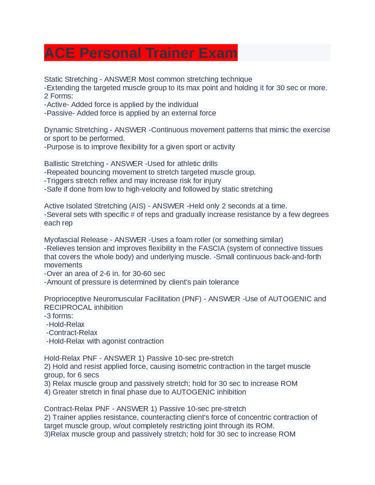 ACE Personal Trainer Exam Question and Answers - Docsity