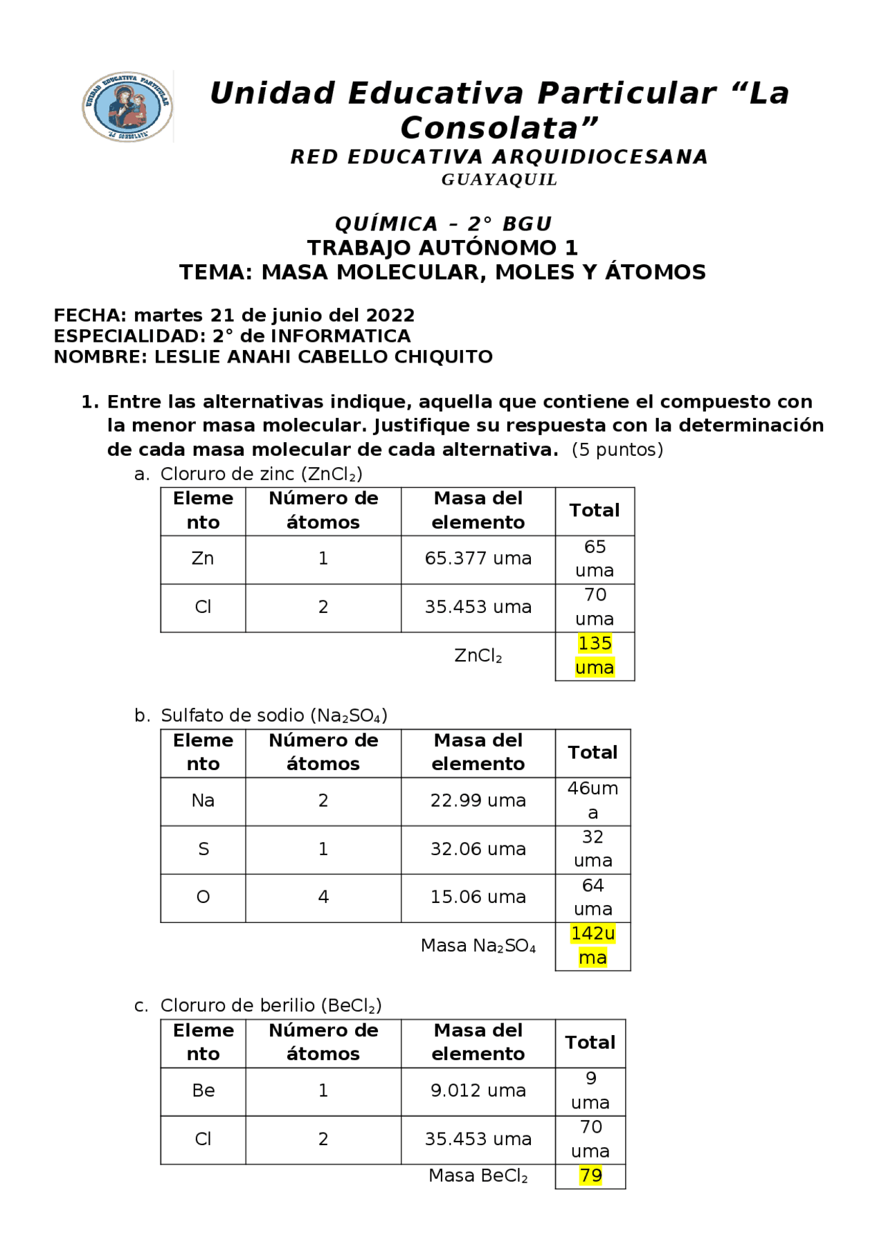 Masa molecular, moles y átomos | Ejercicios de Química | Docsity