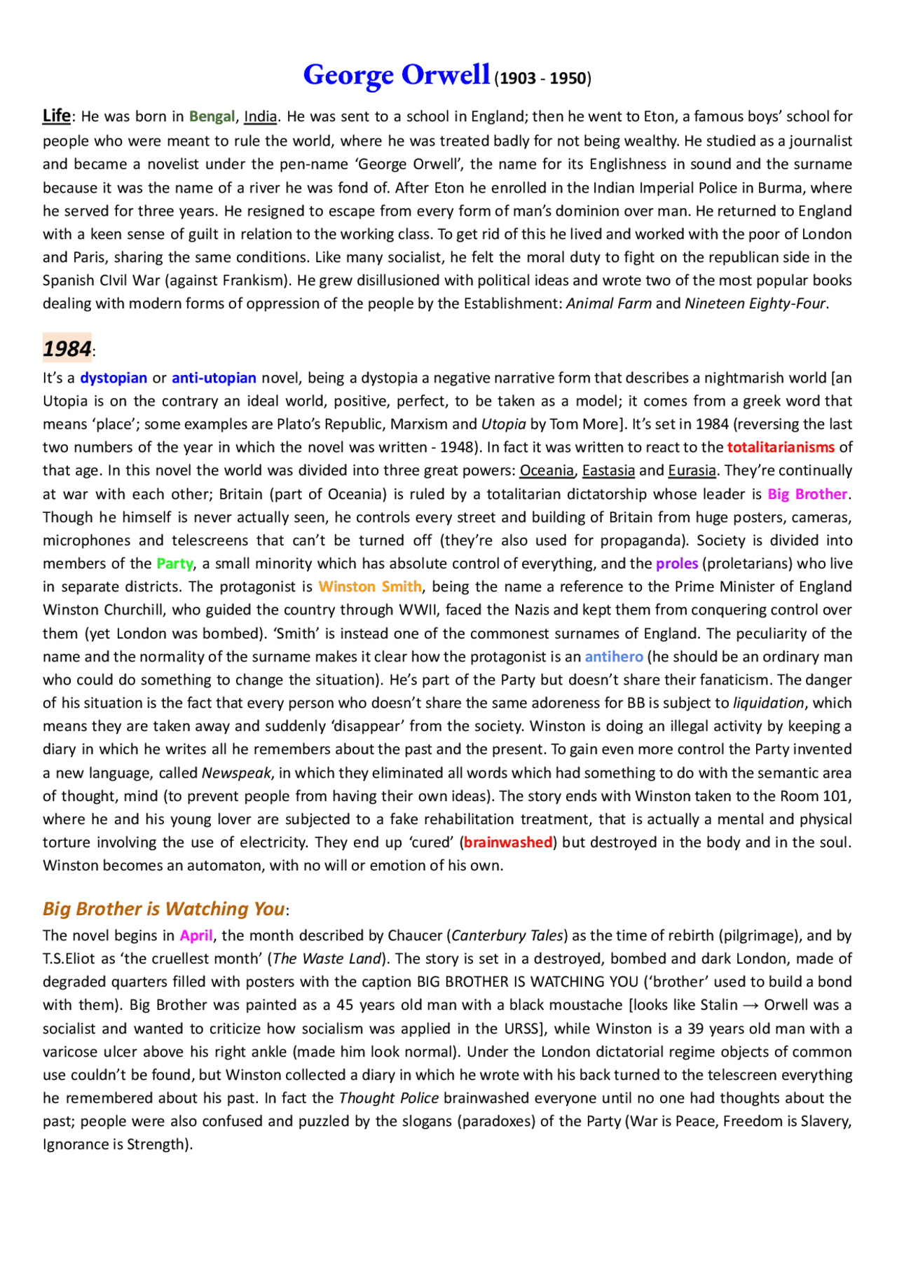 George Orwell - "1984" | Appunti di Inglese | Docsity