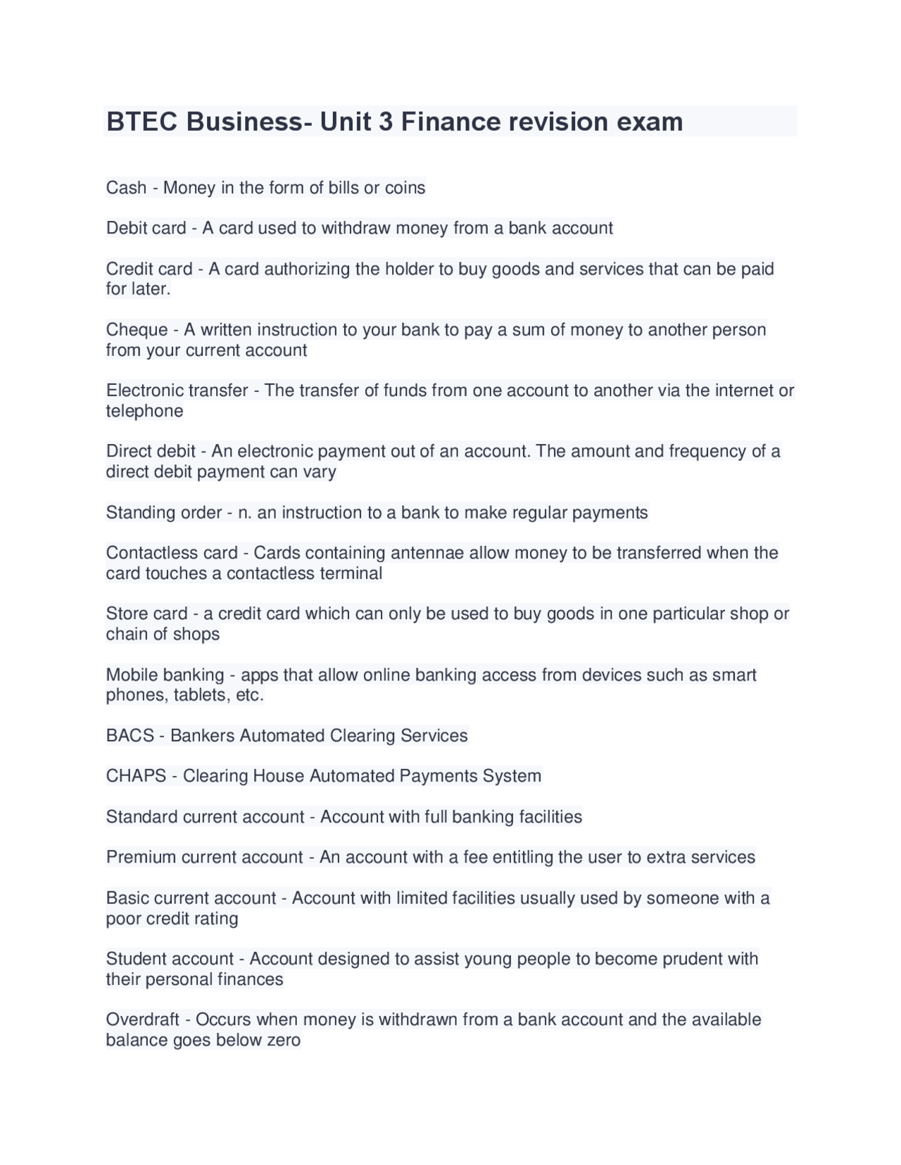 BTEC Business- Unit 3 Finance revision exam | Exams Business Ethics ...