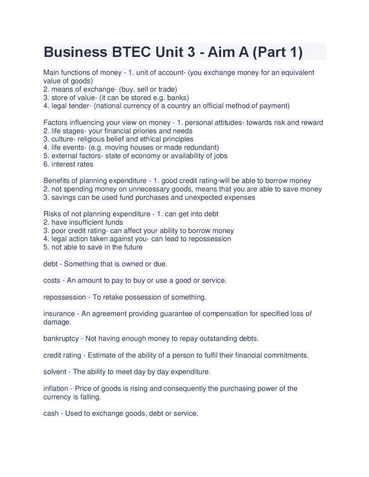 Business BTEC Unit 3 - Aim A (Part 1) | Exams Business Systems | Docsity