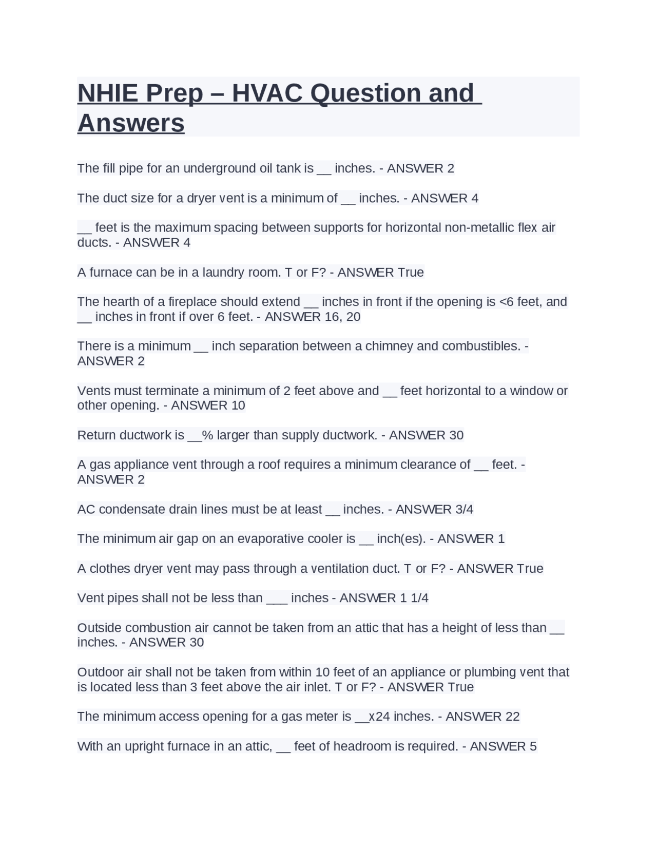 NHIE Prep – HVAC Question and Answers - Docsity