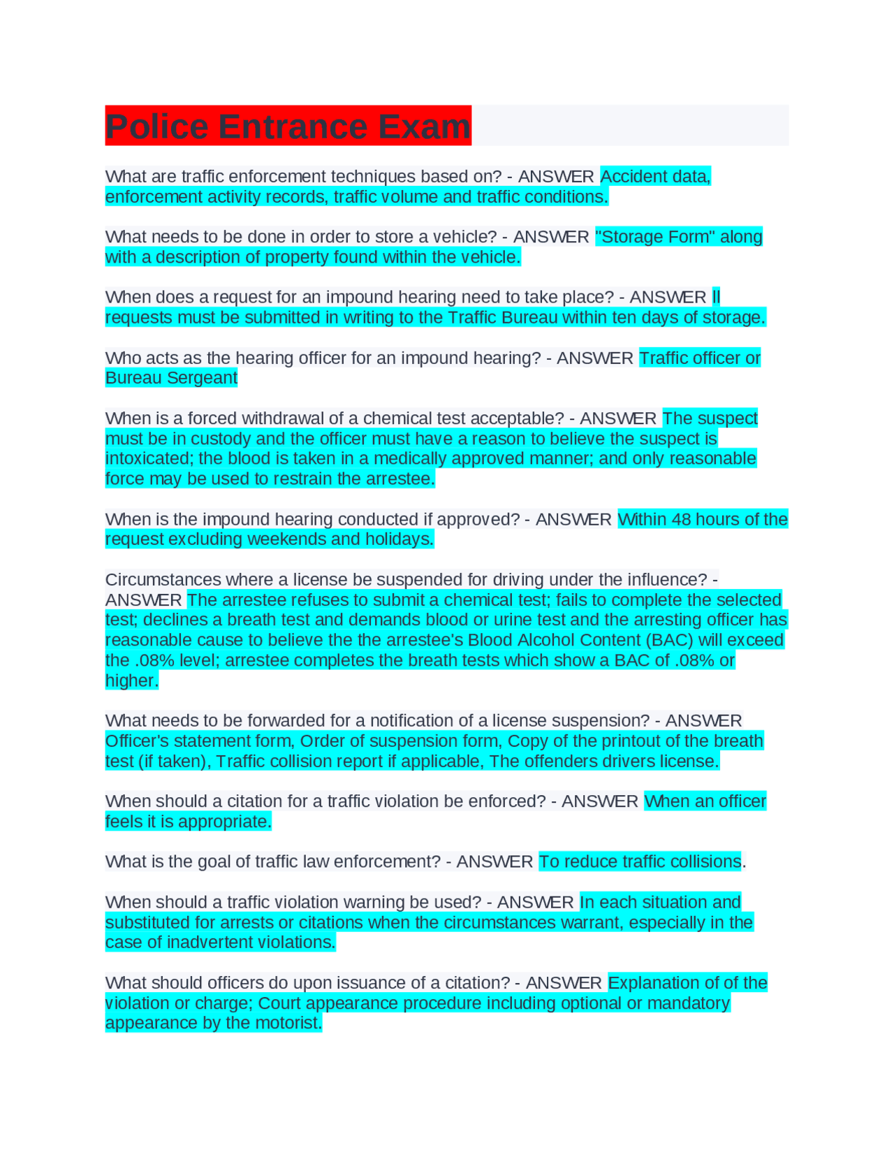 Police Entrance Examquestion And Answers Docsity