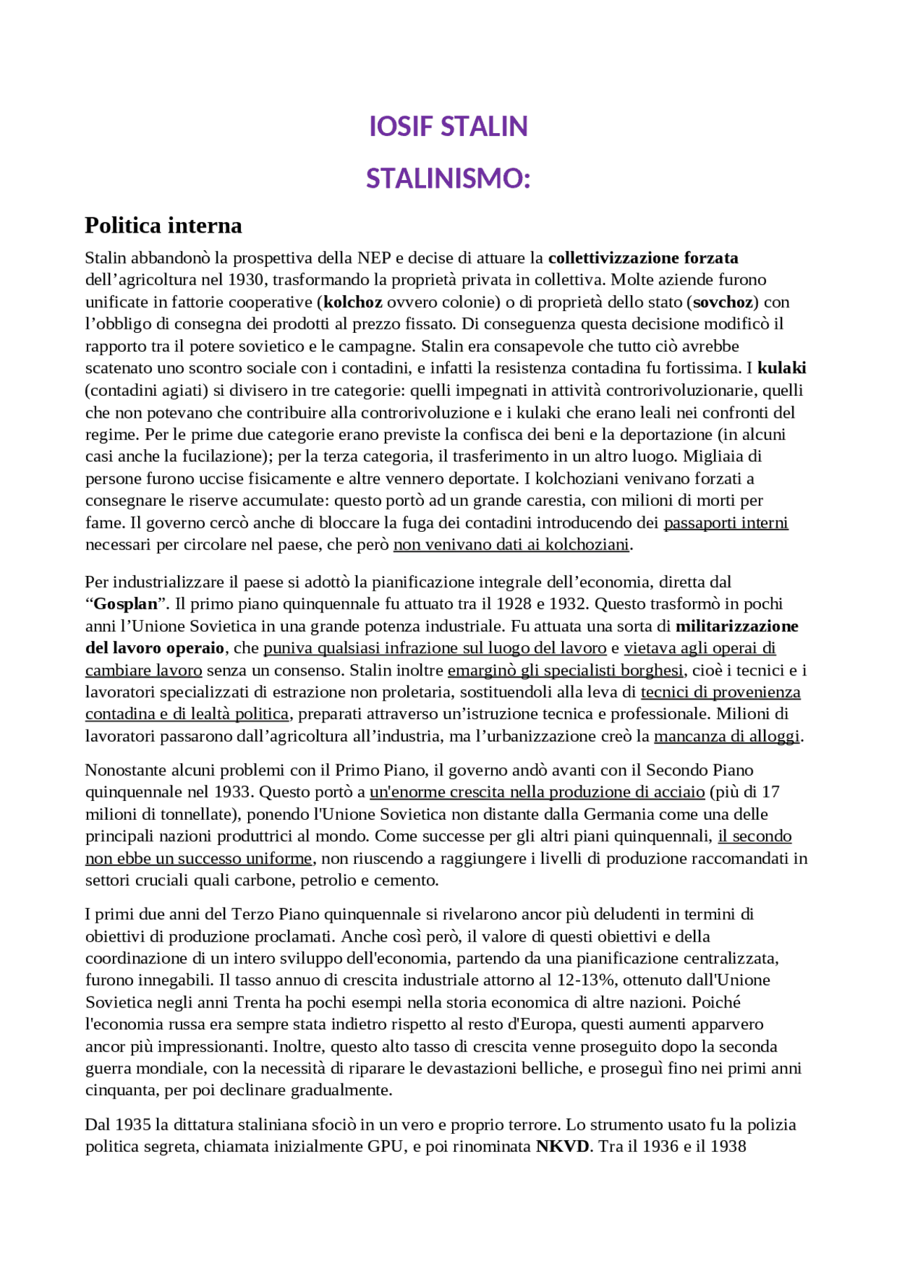 Iosif Stalin Storia Schemi E Mappe Concettuali Di Storia Docsity