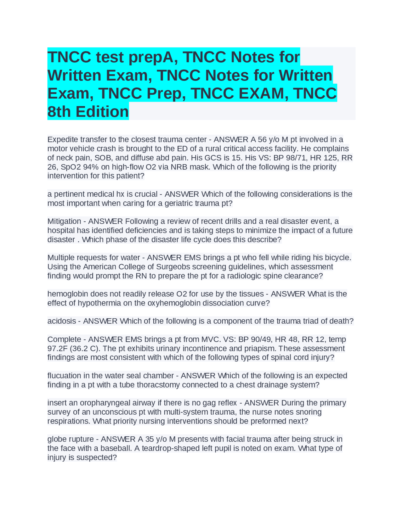 TNCC test prepA, TNCC Notes for Written Exam, TNCC Notes for Written ...