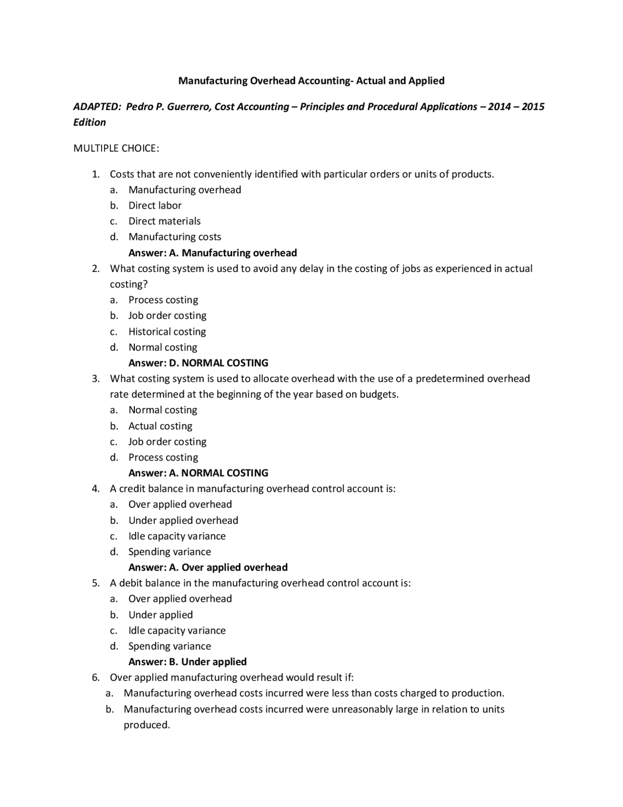 Cost Accounting Exercises Docsity