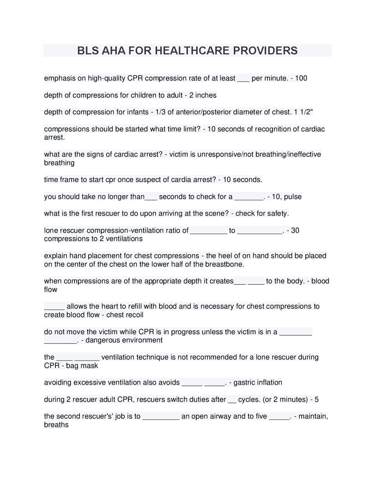 BLS AHA FOR HEALTHCARE PROVIDERS (CORRECT CONTENT) - Docsity