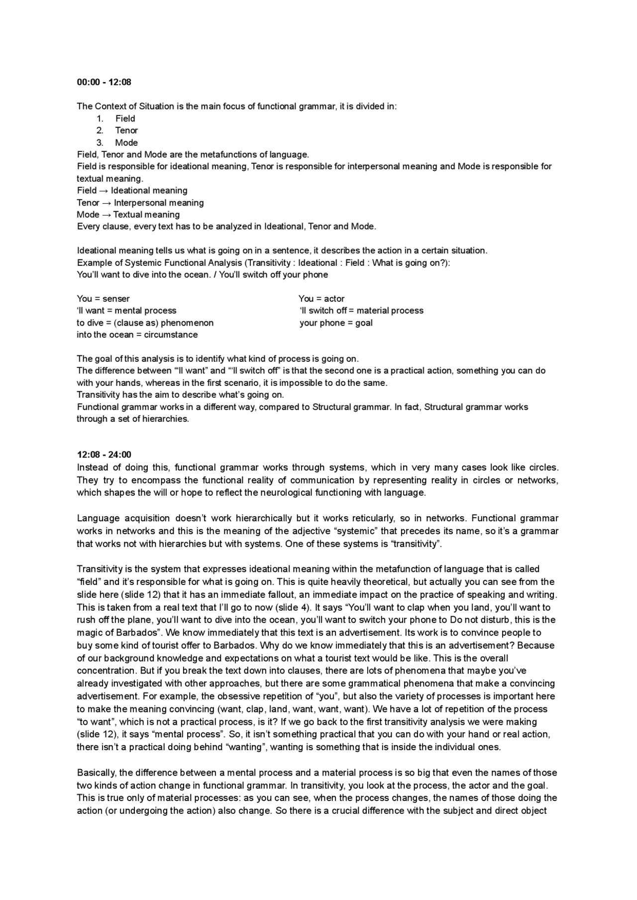 Sbobina su Tenor, Mode, Field. | Appunti di Linguistica Inglese | Docsity