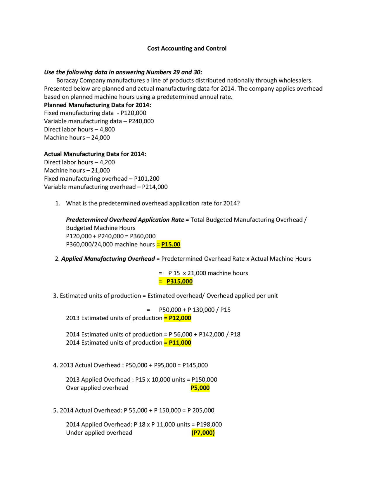 COST ACCOUNTING - EXERCISE - Docsity