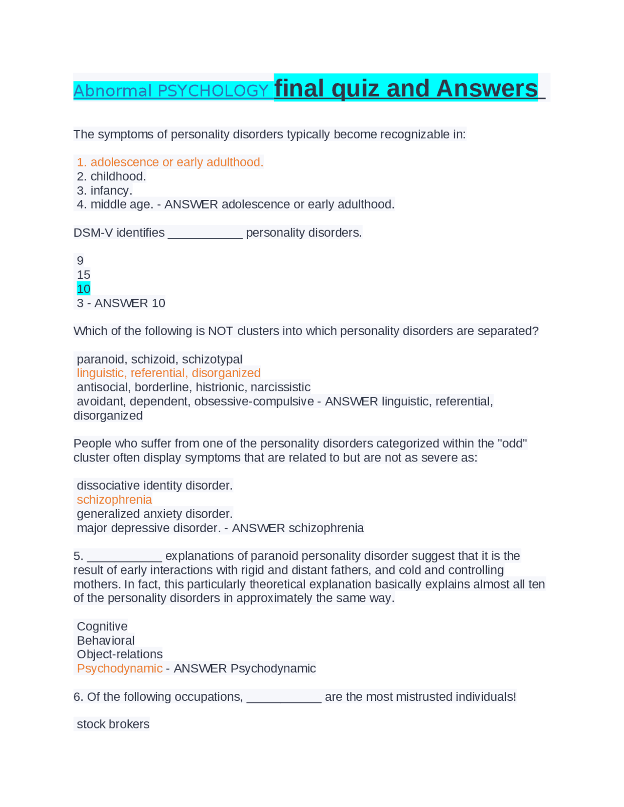 Abnormal PSYCHOLOGY final quiz and Answers.LATEST 2022 | Exams Nursing ...