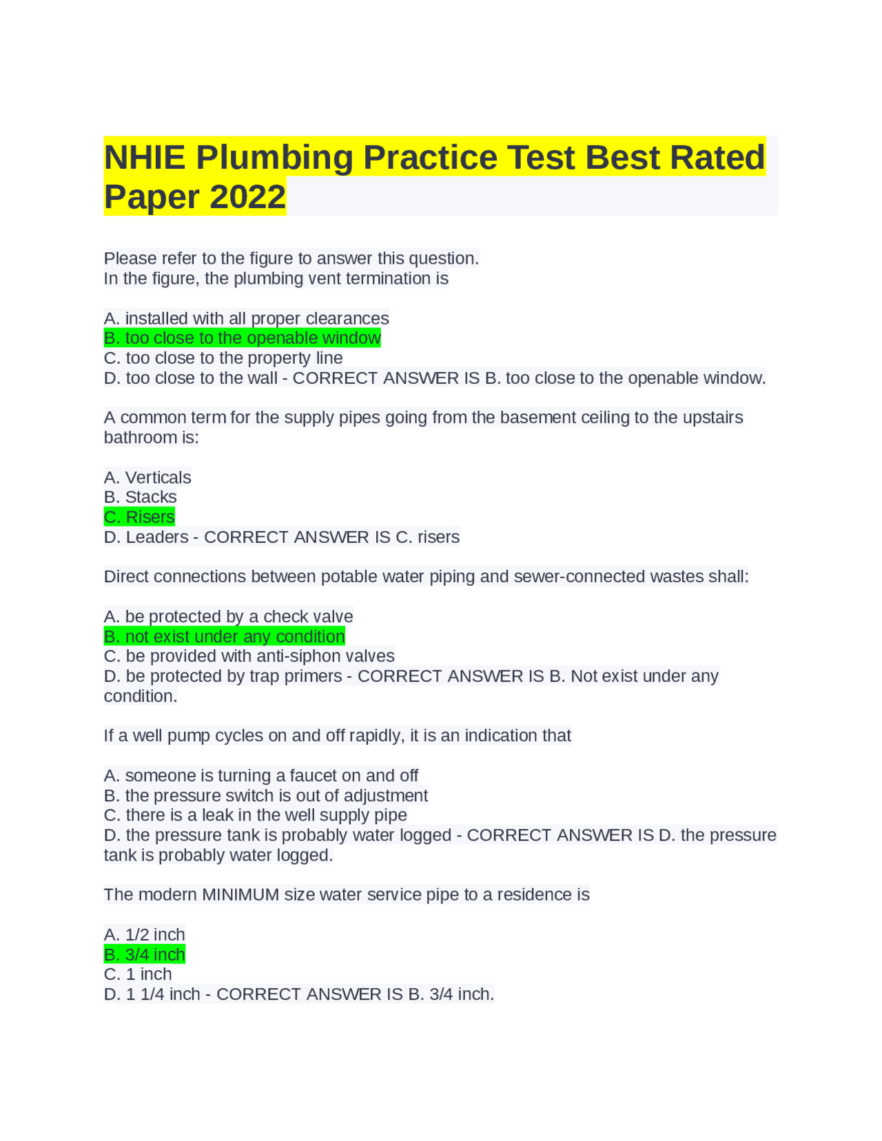 NHIE Plumbing Practice Test | Exams Nursing | Docsity