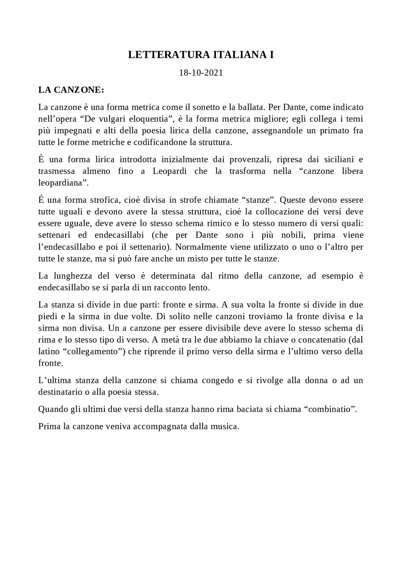 STRUTTURA DELLA CANZONE | Appunti di Letteratura Italiana | Docsity