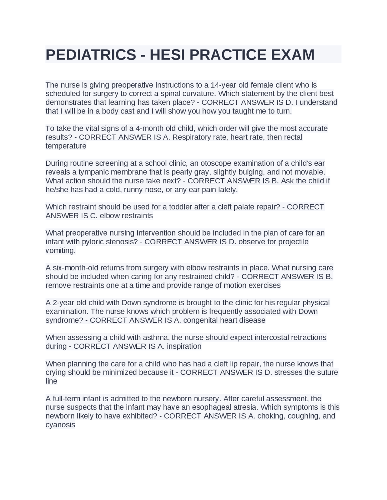 PEDIATRICS.hesi practice exam - Docsity