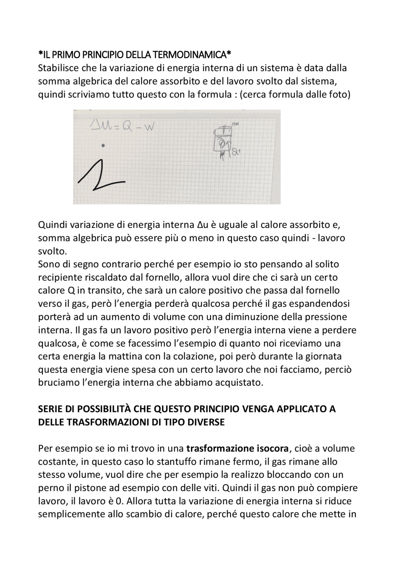 Primo principio della termodinamica | Appunti di Fisica - Docsity