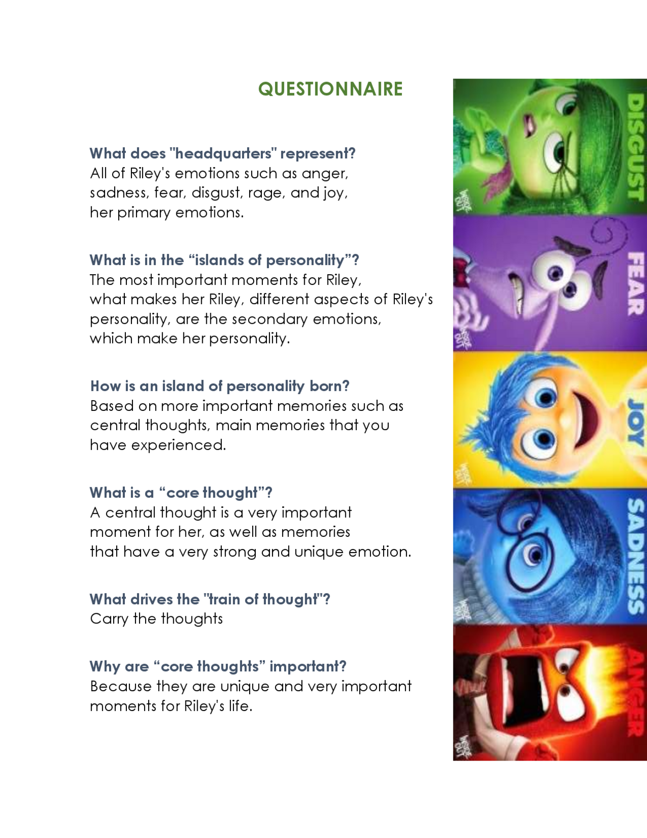 Preguntas sobre la película de Intensamente | Ejercicios de Psicología ...