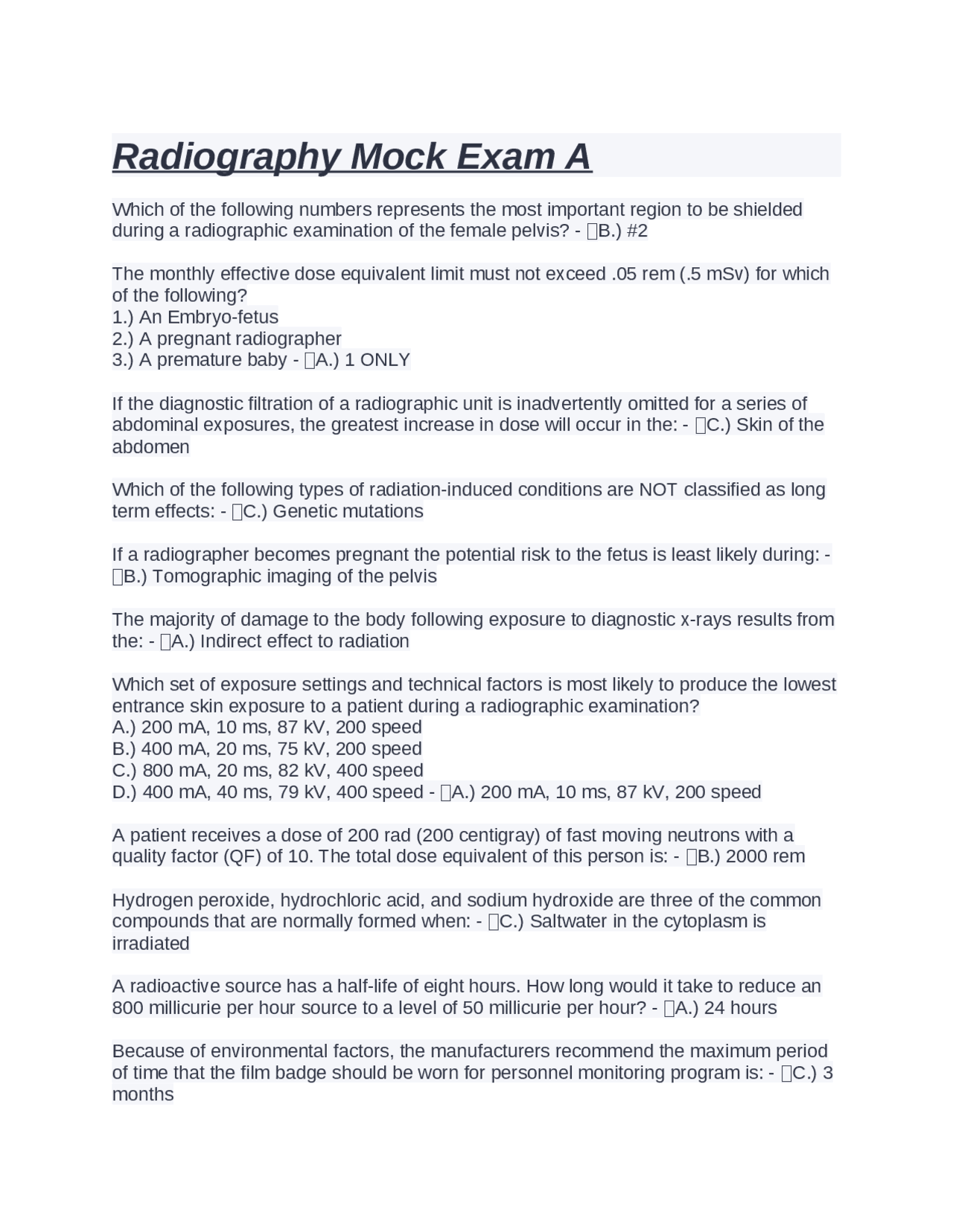 Radiography Mock Exam A. | Exams Nursing | Docsity