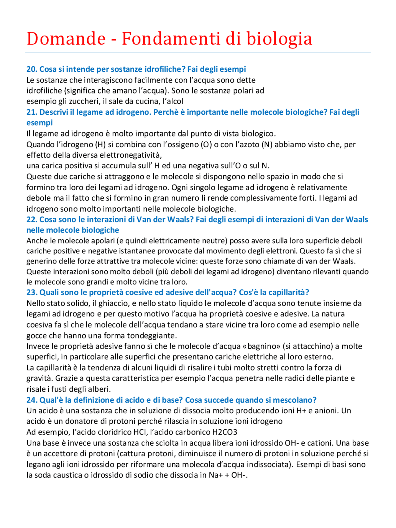 Domande Aperte Fondamenti Di Biologia Ecampus Prof Gimelli Docsity
