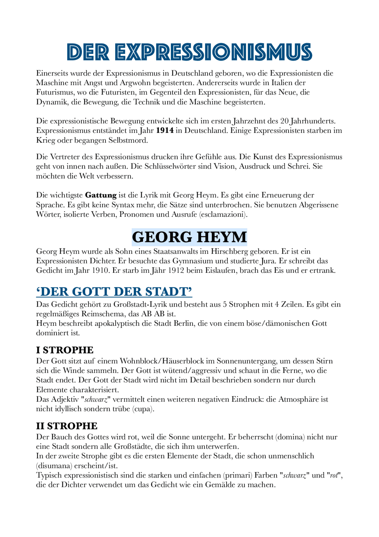 Der Expressionismus und Georg Heym - Docsity