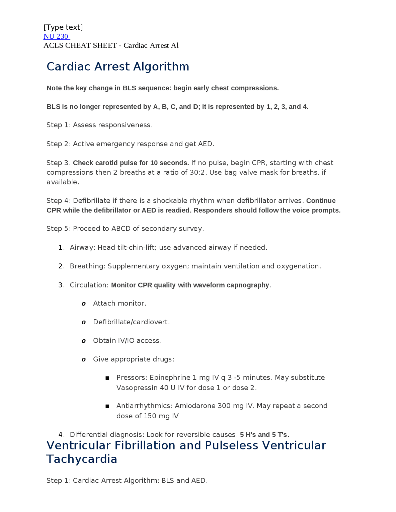 NU 230 ACLS CHEAT SHEET - Cardiac Arrest Al - Docsity