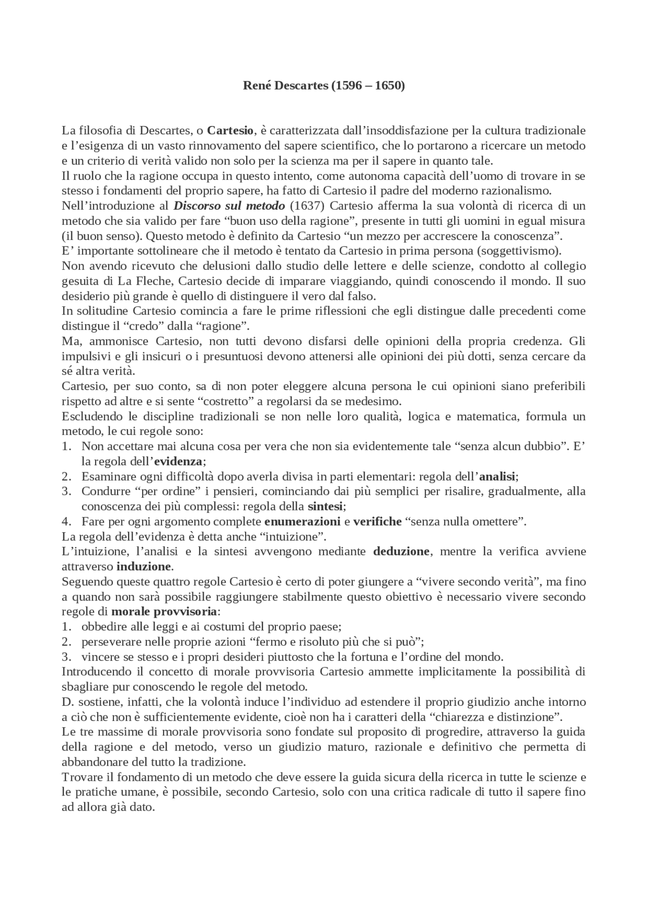 Sintesi Del Pensiero Filosofico Di Cartesio Docsity