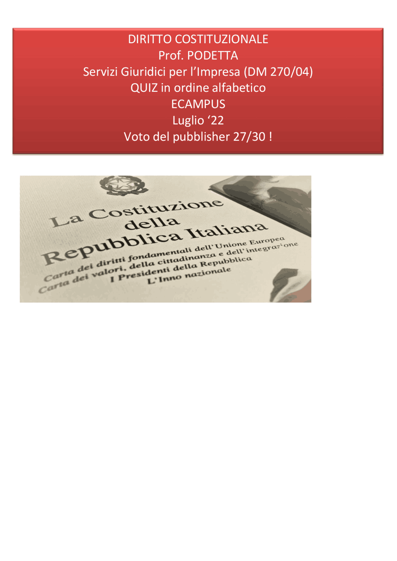 Paniere Diritto Costituzionale Prof Podetta Ecampus Quiz Risposte