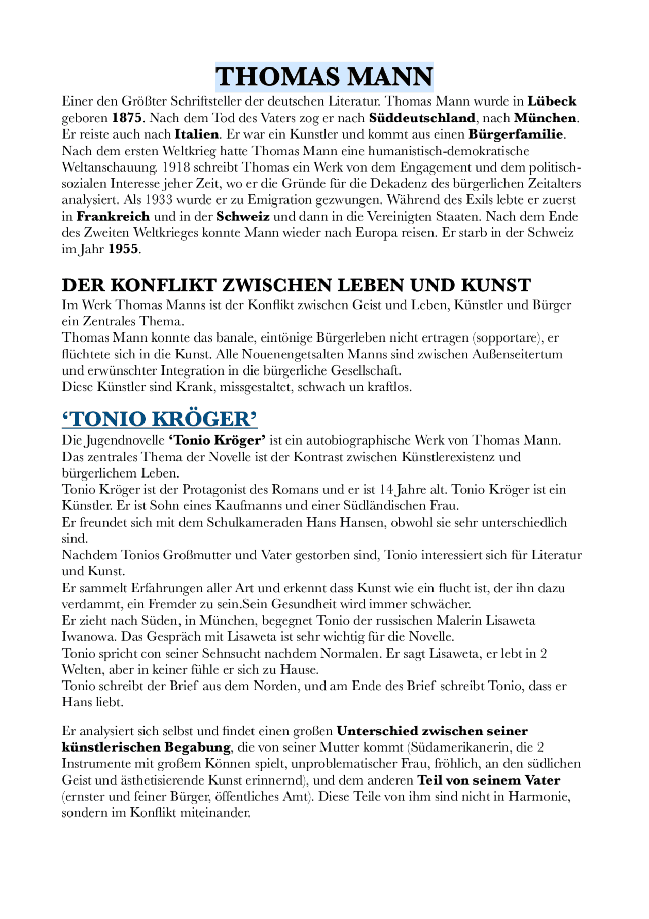 Thomas Mann Literatur Docsity