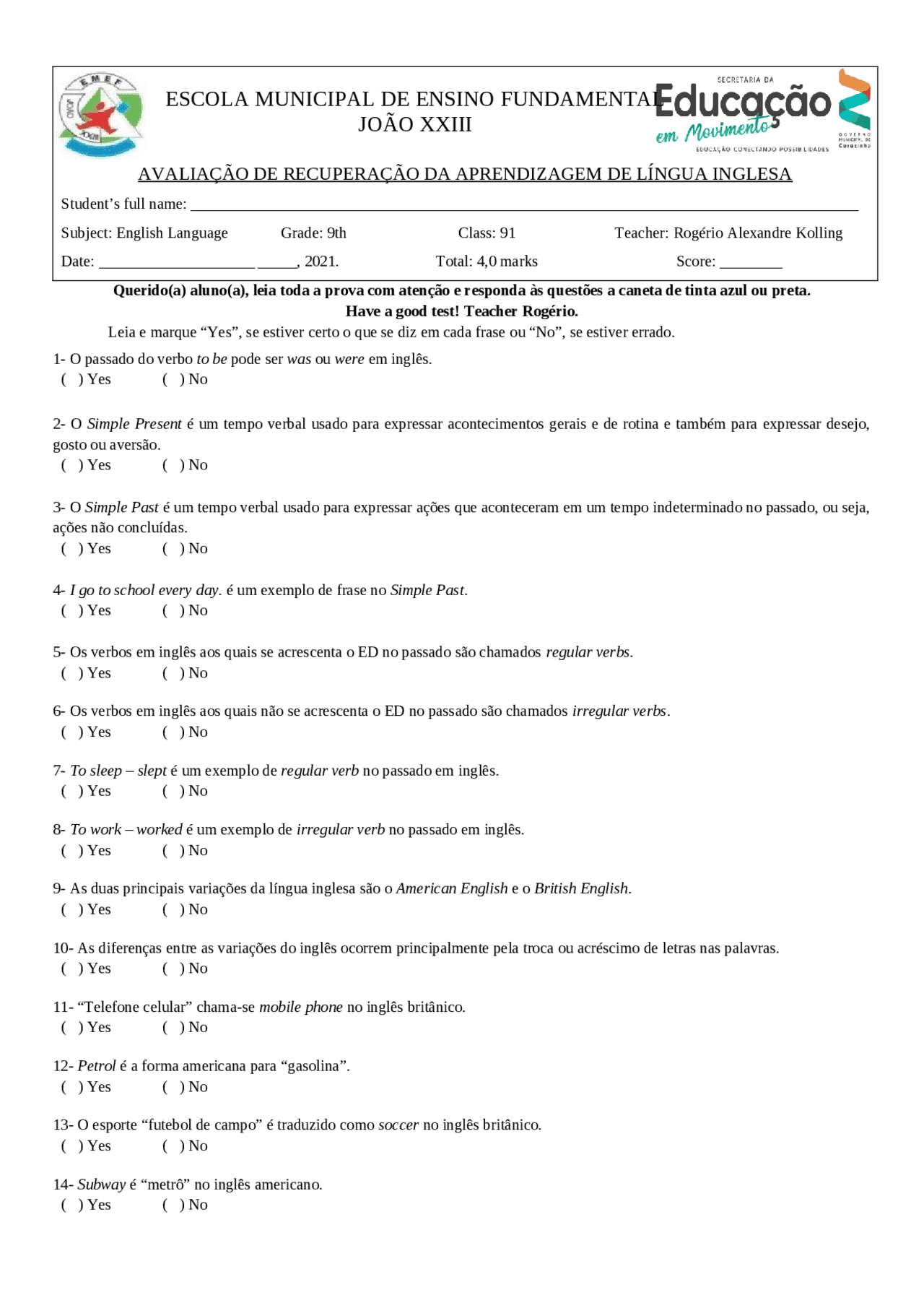 Prova de Língua Inglesa - Docsity