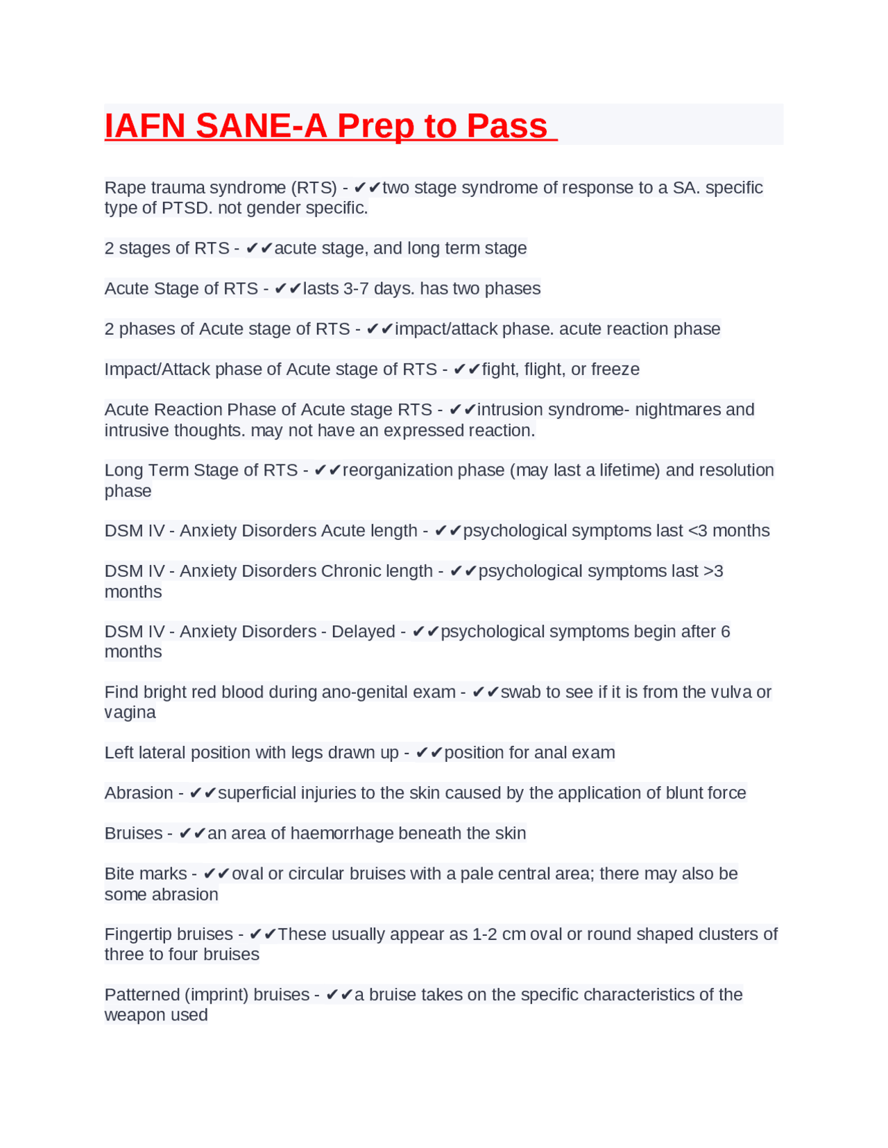 IAFN SANE-A Prep to Pass. question and Answers - Docsity