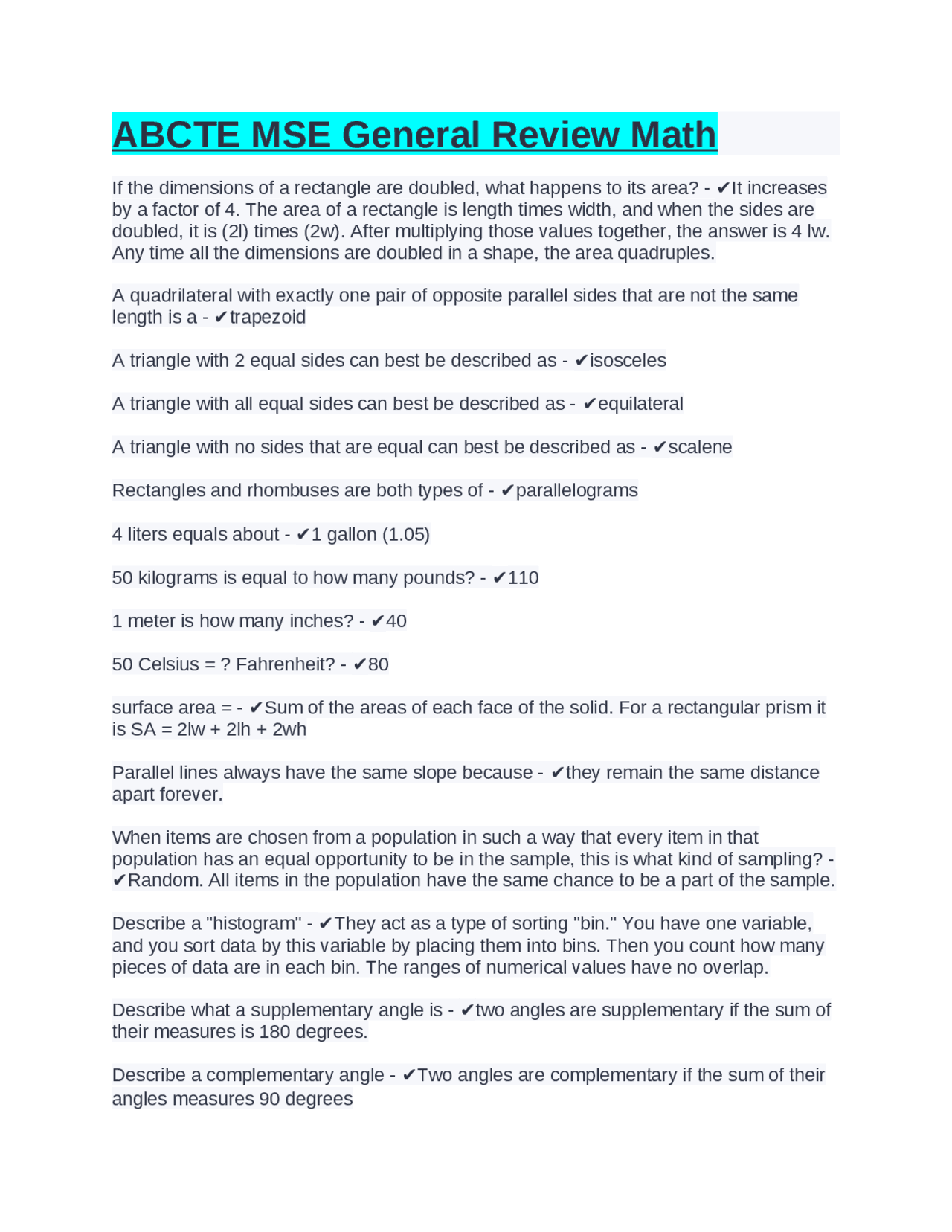 ABCTE MSE General Review Math | Exams Nursing | Docsity