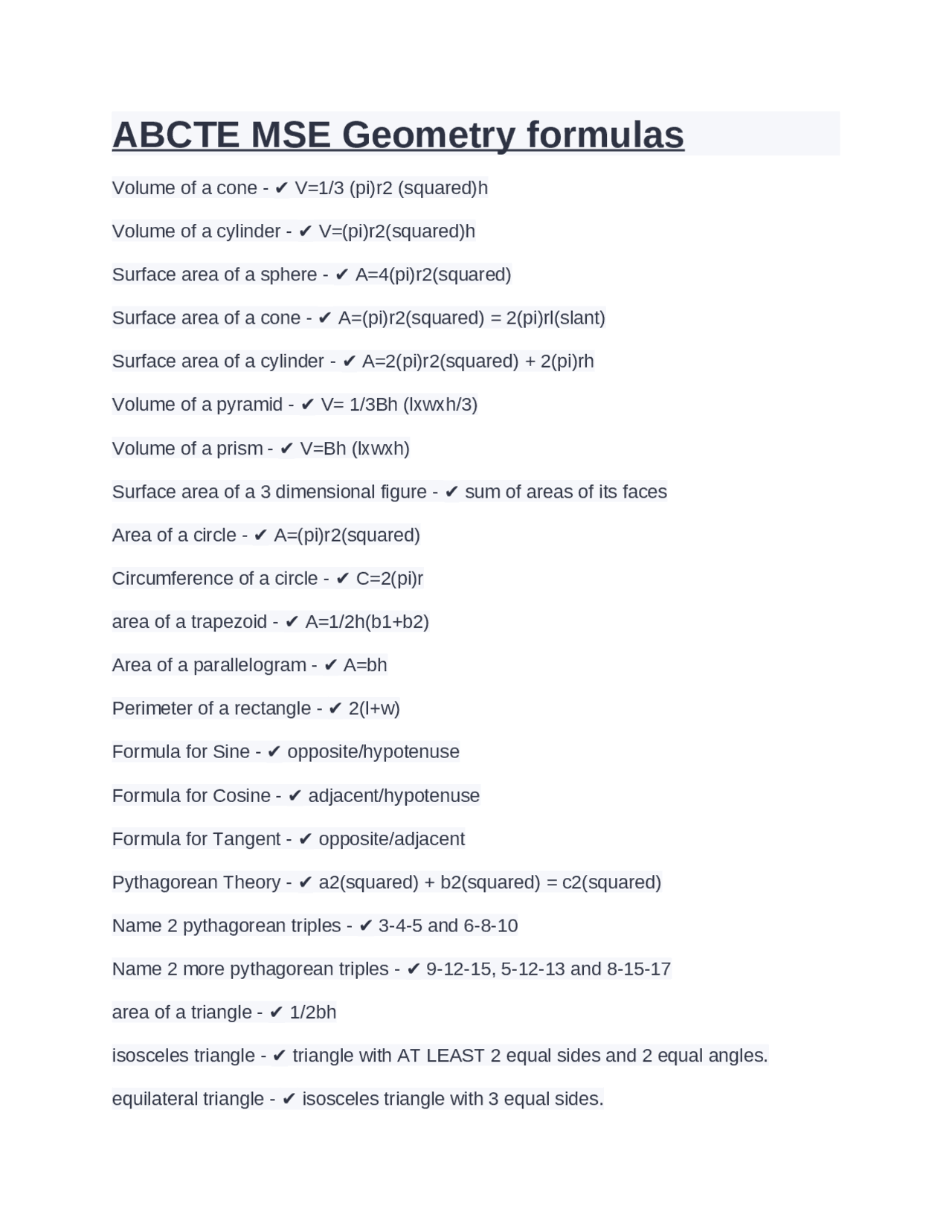 ABCTE MSE Geometry formulas. - Docsity