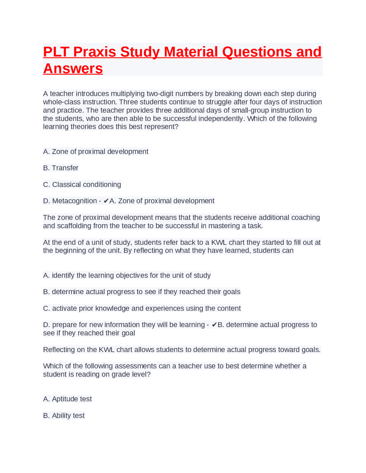 PLT Praxis Study Material Questions and Answers. - Docsity