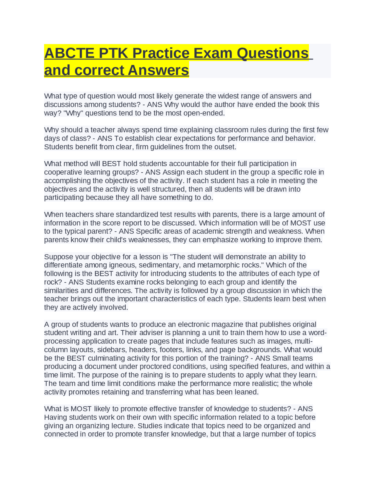 Abcte Ptk Practice Exam Questions And Correct Answers Docsity