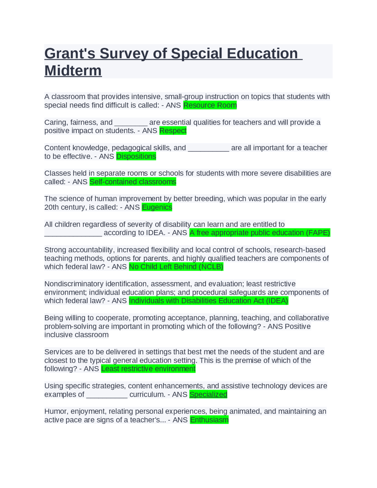 Grant's Survey of Special Education Midterm - Docsity
