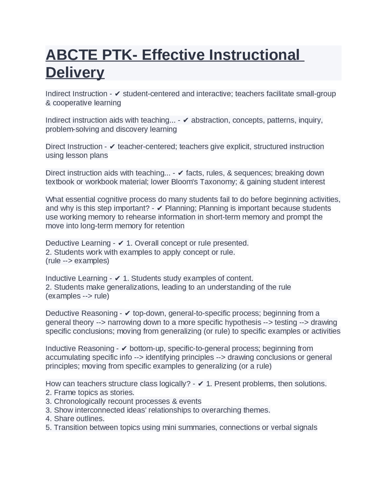 ABCTE PTK Effective Instructional Delivery - Docsity