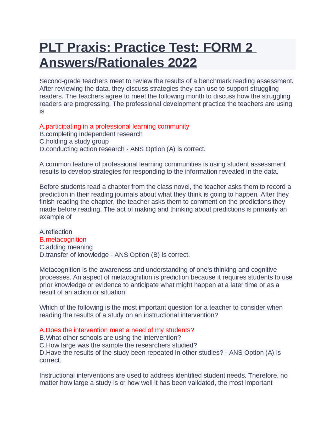 PLT Praxis Practice Test FORM 2 Answers Rationales 2022. - Docsity