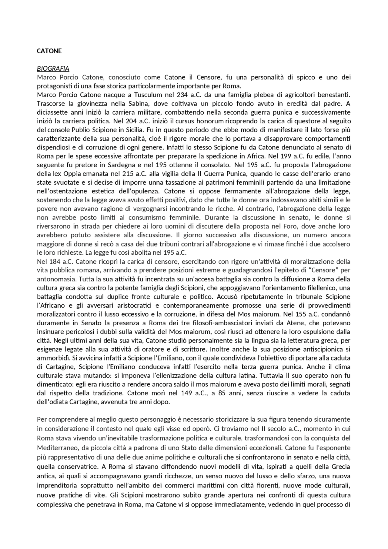 Catone: biografia e opere | Appunti di Latino | Docsity