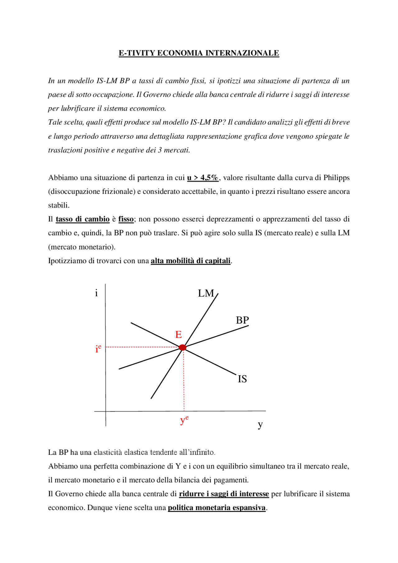 E-TIVITY ECONOMIA INTERNAZIONALE - MODELLO IS-LM-BP - Docsity