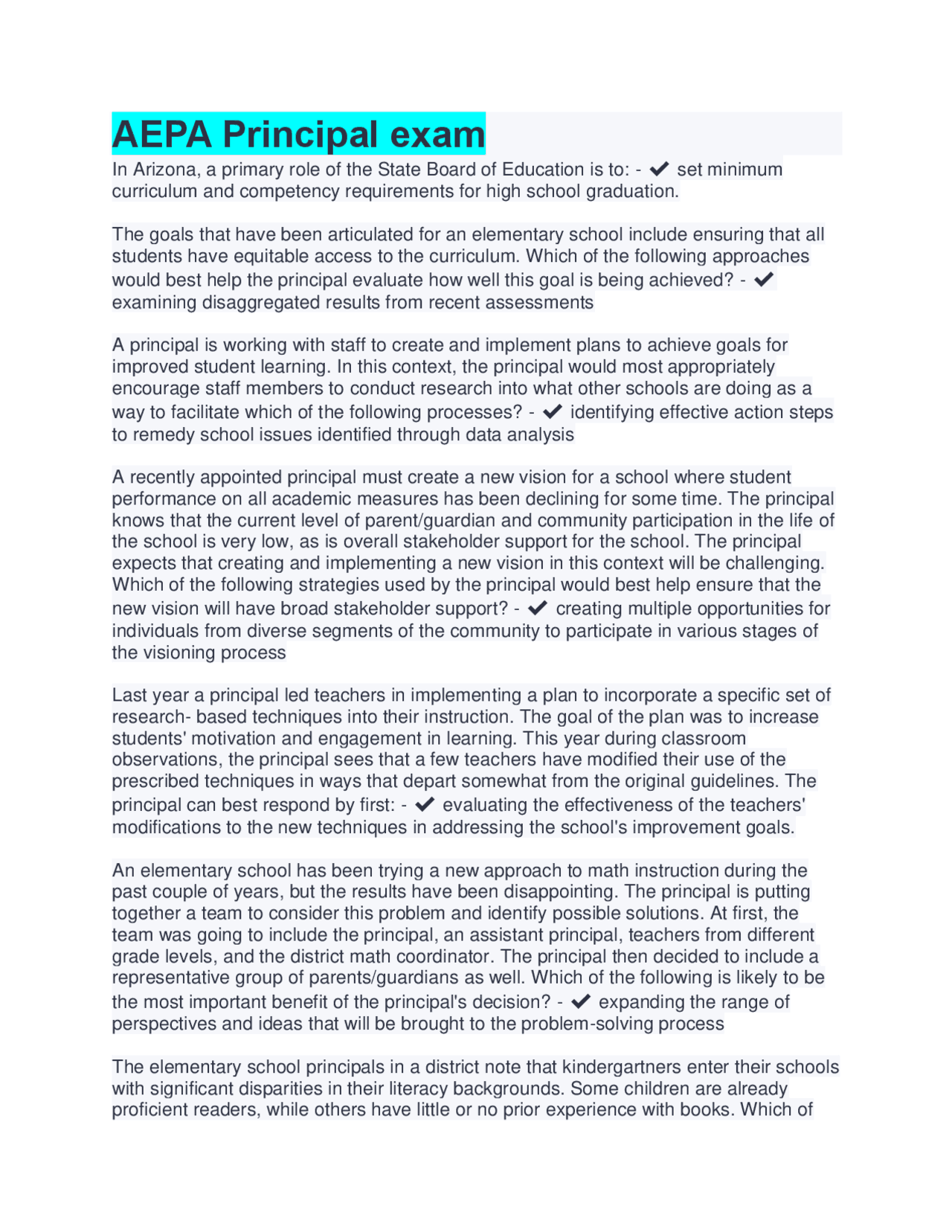 AEPA Principal exam Questions and ANSWERS 2022 - Docsity