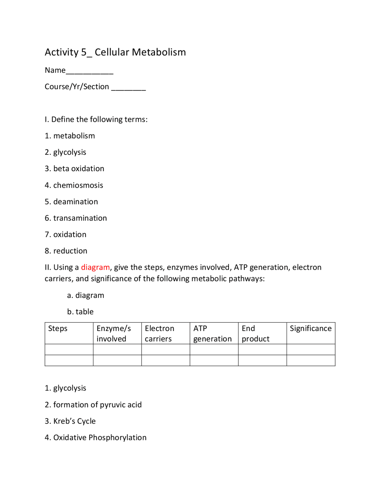 Cellular Metabolism Task Docsity