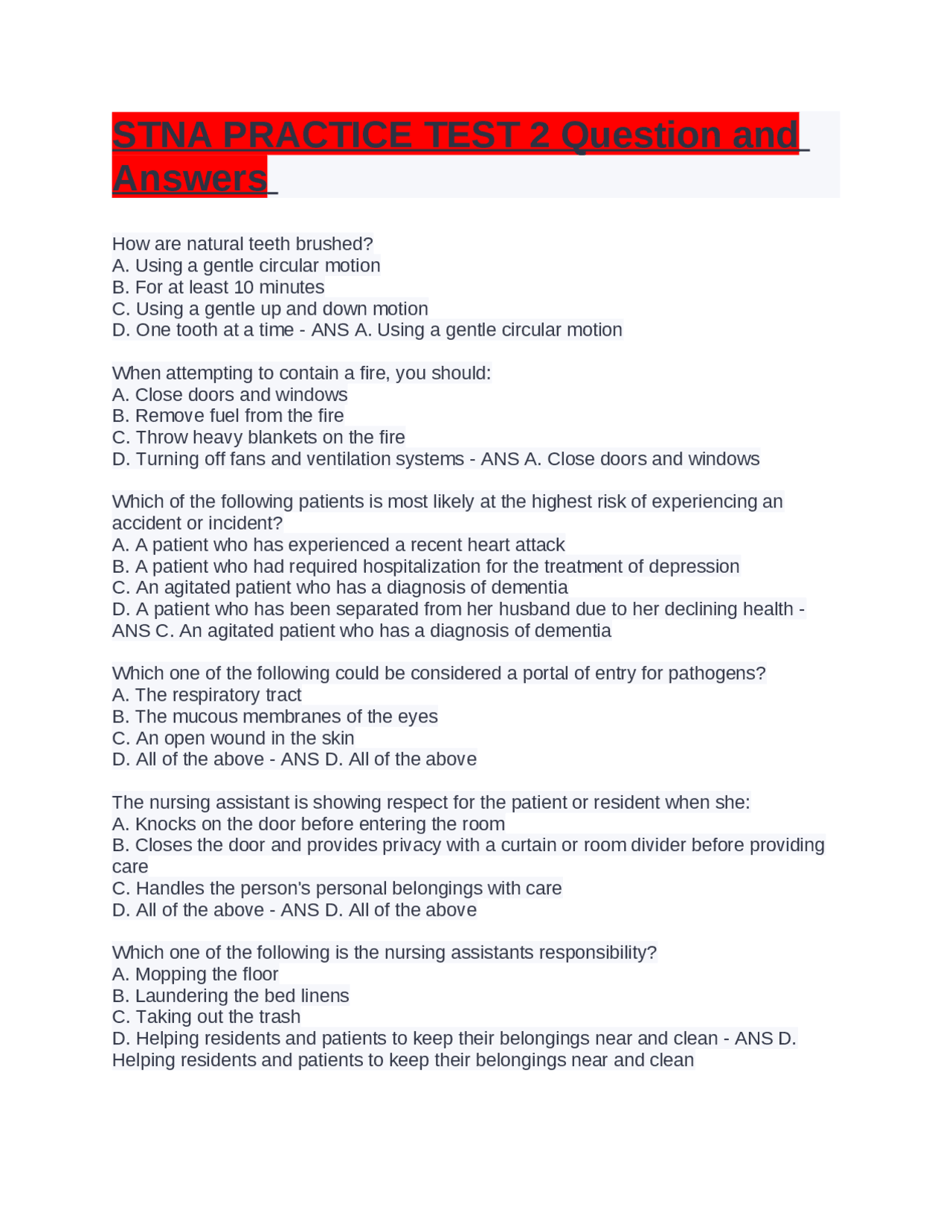 STNA PRACTICE TEST 2 Question and Answers. - Docsity