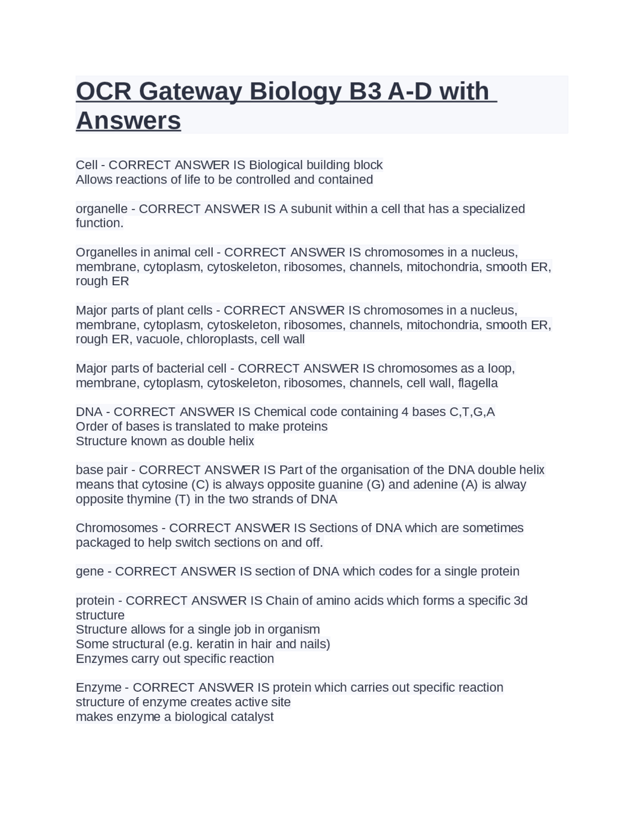 OCR Gateway Biology B3 A-D with Answers. - Docsity