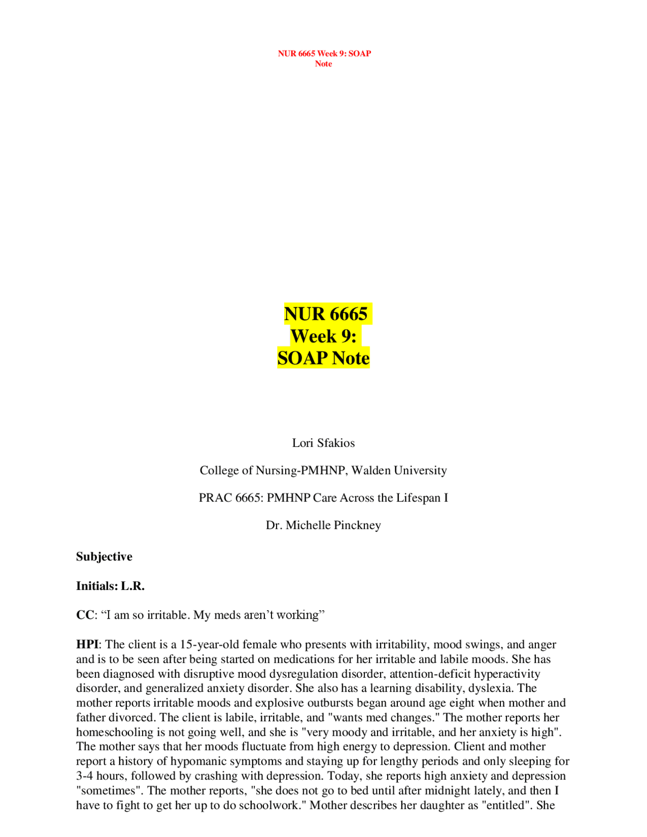 NUR 6665 Week 9: SOAP Note | Exams Nursing | Docsity