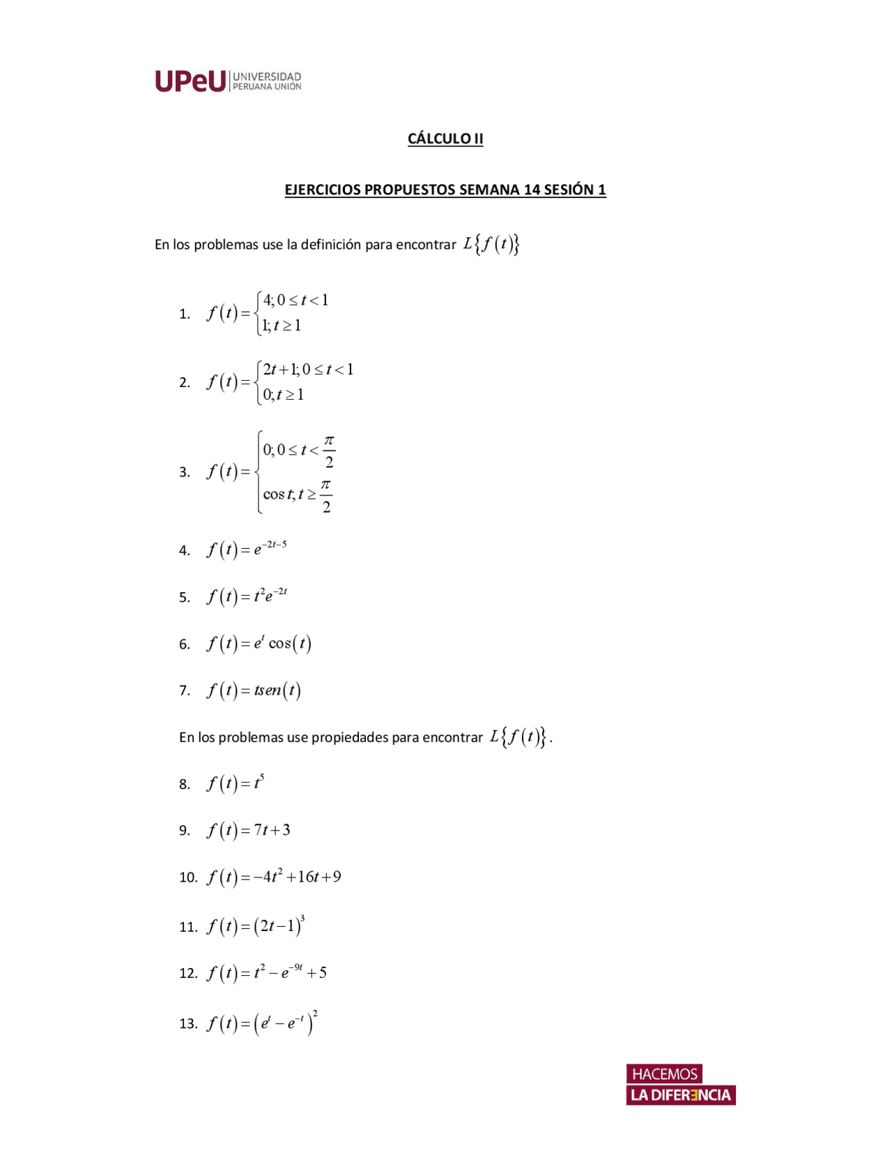 EJERCICIOS PROPUESTOS SEMANA 14 SESIÓN 1 | Ejercicios de Cálculo Avanzado - Docsity