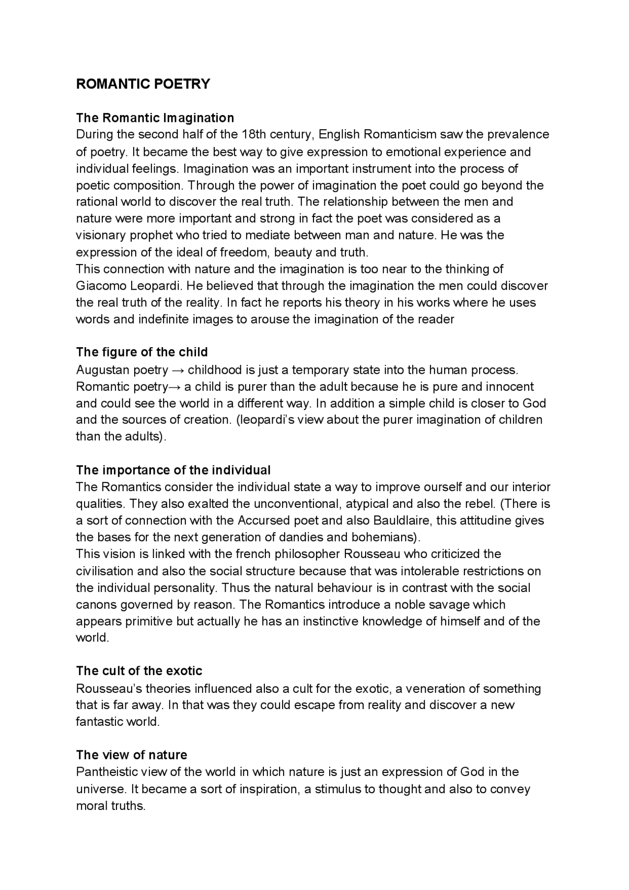 Romantic poetry, the principal aspect | Appunti di Inglese | Docsity