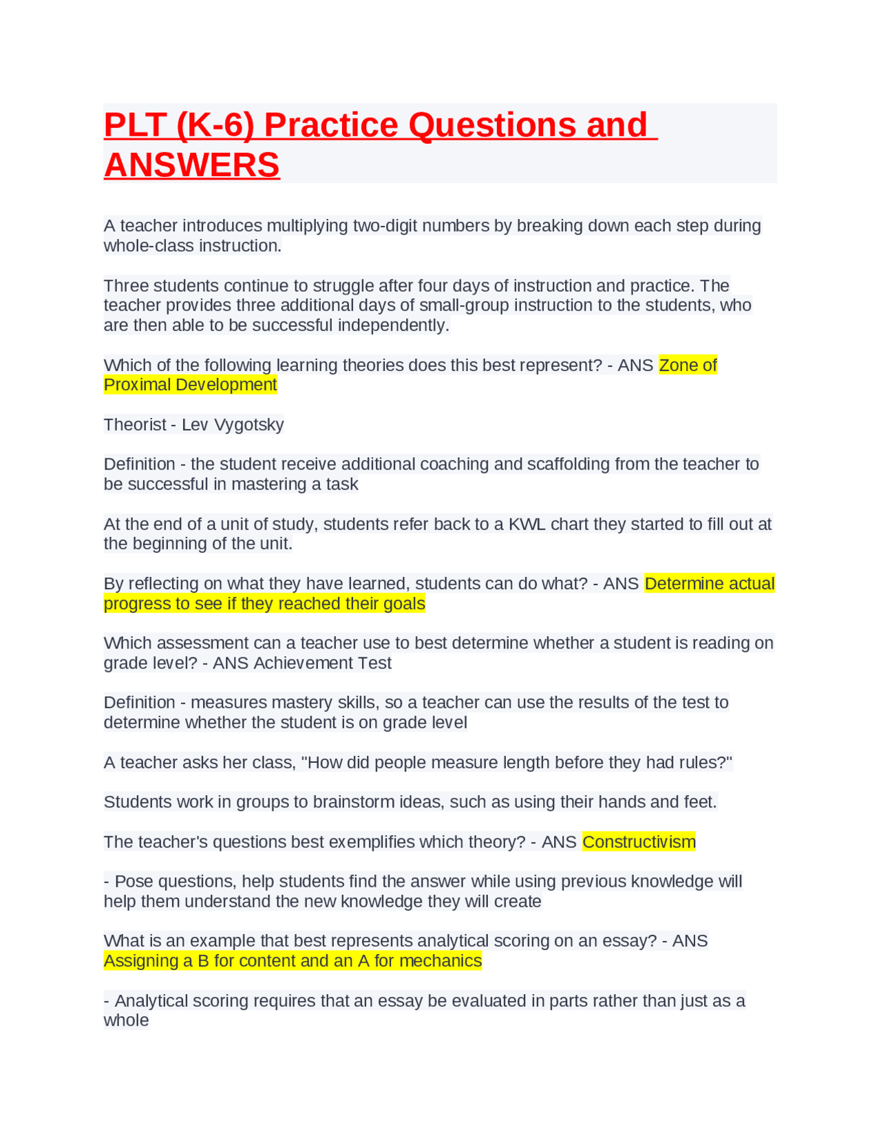 PLT (K-6) Practice Questions and ANSWERS. | Exams Nursing | Docsity