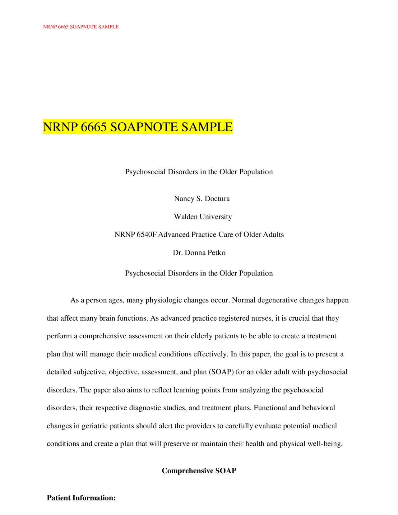 Nrnp 6665 Soapnote Sample Exams Nursing Docsity