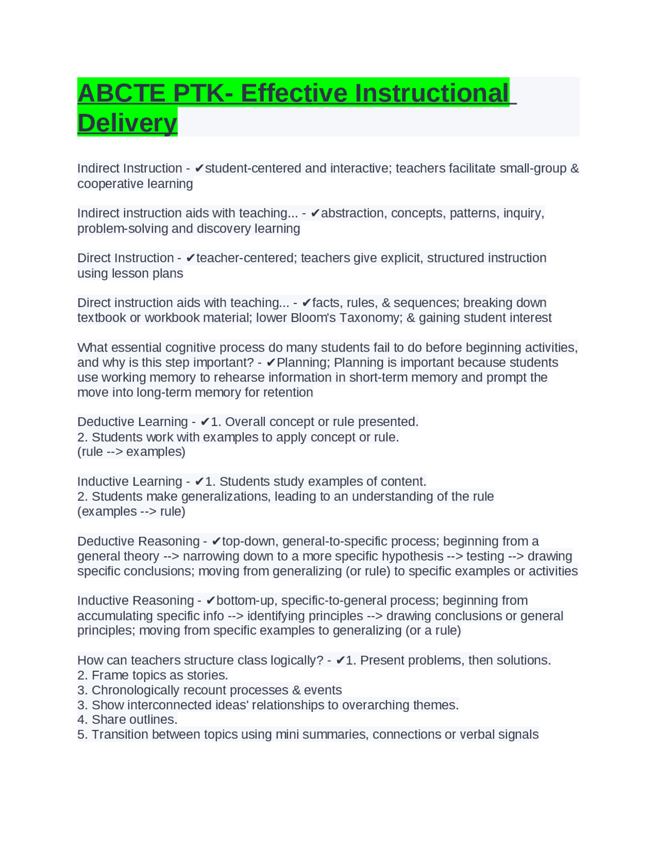 ABCTE PTK- Effective Instructional Delivery. | Exams Nursing - Docsity