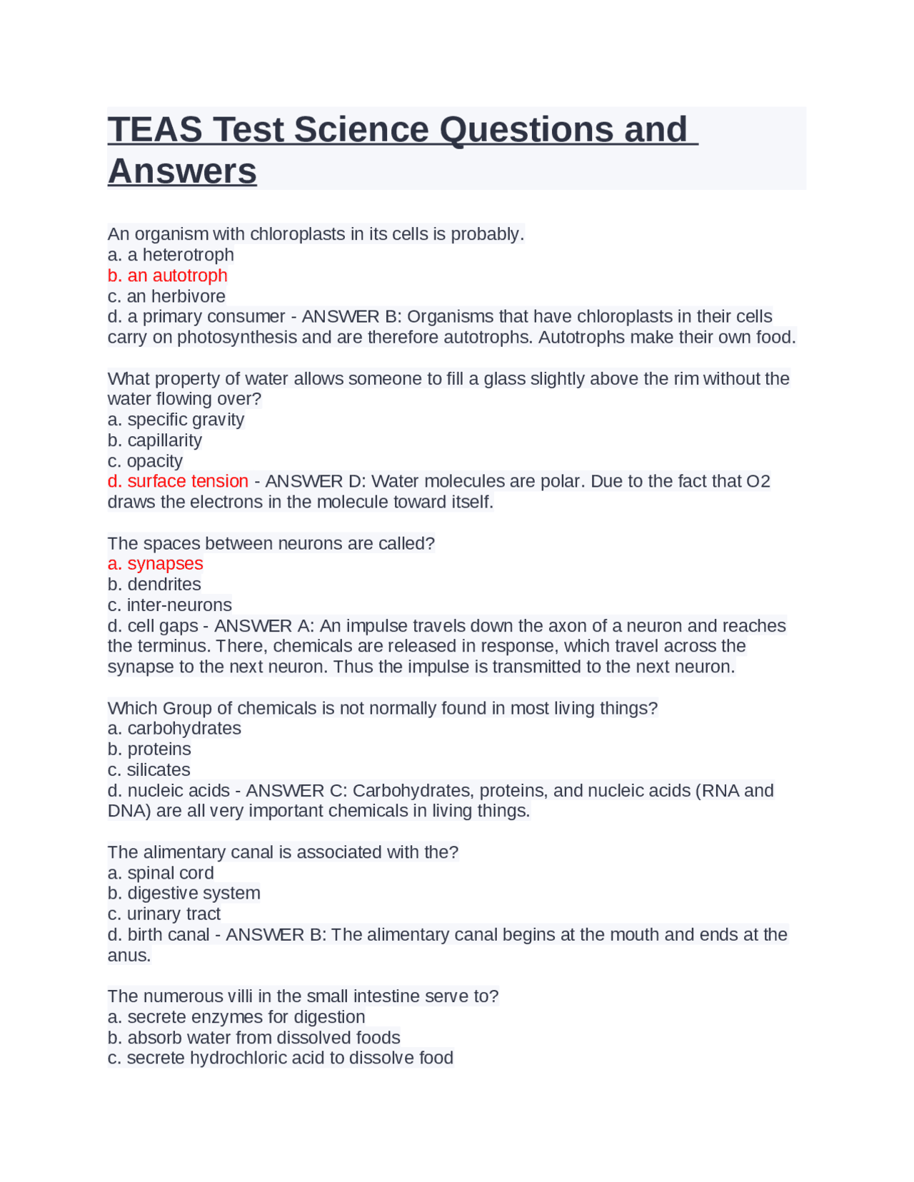 Teas Test Science Questions And Answers Docsity