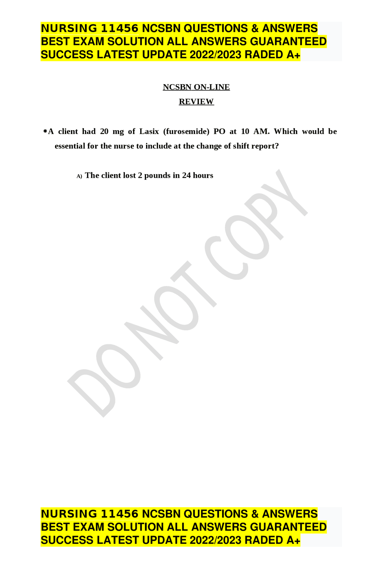 NURSING 11456 NCSBN QUESTIONS & ANSWERS BEST EXAM SOLUTION ALL ANSWERS GUARANTEED SUCCESS - Docsity